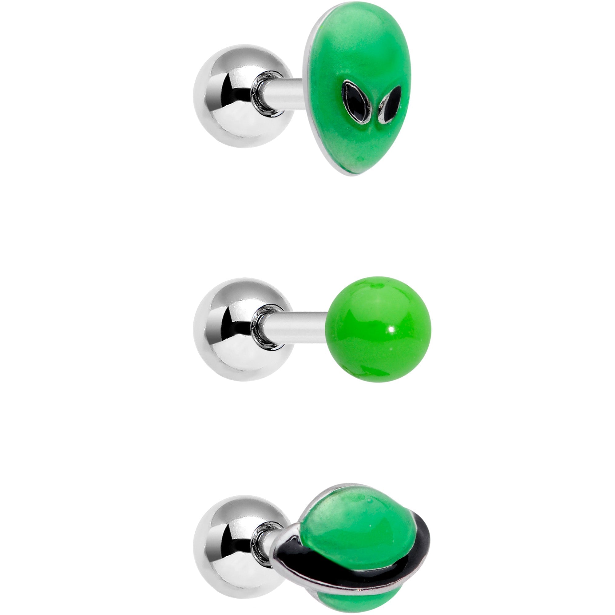 16 Gauge 1/4 Green Glow UFO Space Alien Cartilage Tragus Set of 3 ...